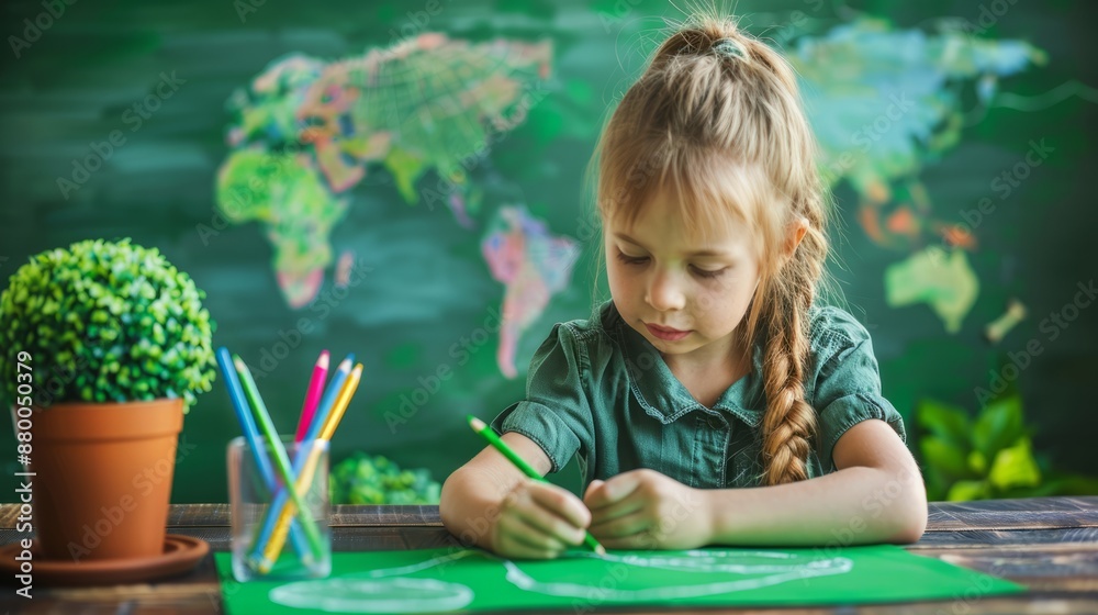 Child drawing outlines sustainability ecology save environment concept ...