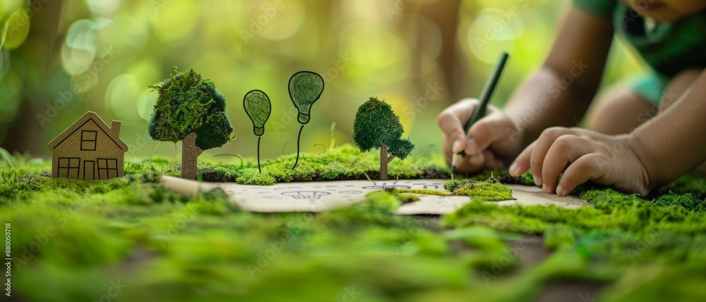 Child drawing outlines sustainability ecology save environment concept ...