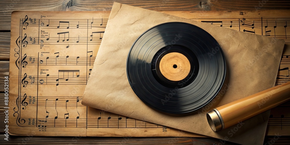 Music background with vinyl record, blank paper scroll, and musical ...