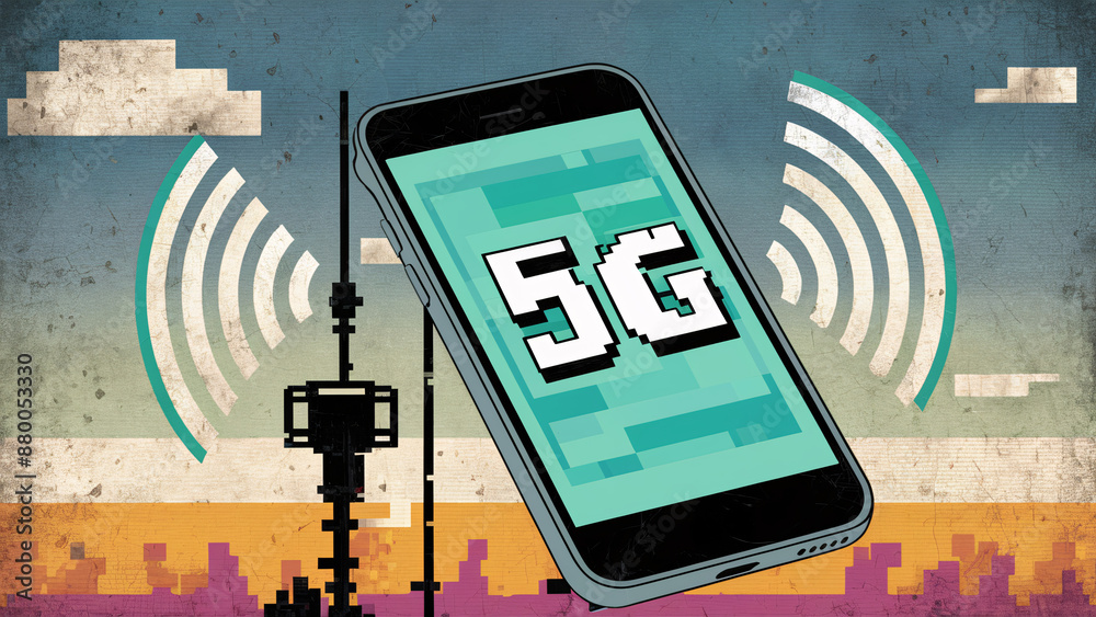 Pixel Art Style 5G Network Concept with Smartphone Displaying 5G Symbol ...