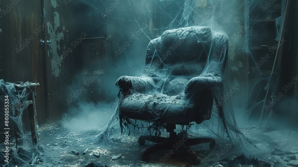 Modern Office Chair Covered in Spider Webs, Halloween Background with ...