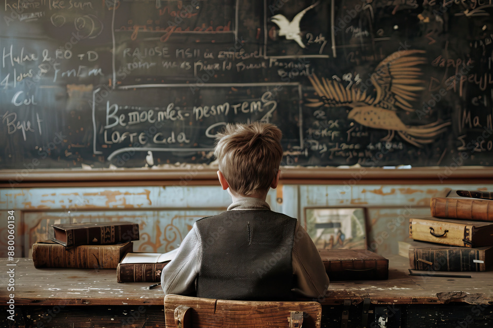 Young boy sitting at an old-fashioned school desk in a vintage ...
