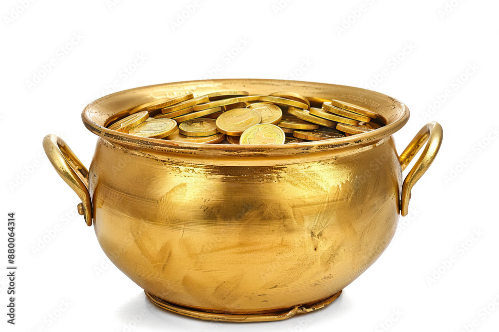 Golden pot filled with shiny gold coins, symbolizing wealth, luck, and ...