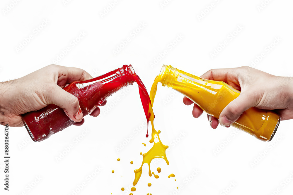 Foto de Two hands holding and pouring red ketchup and yellow mustard ...