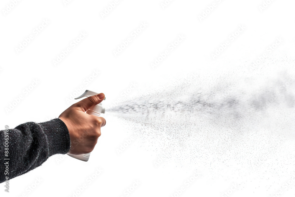 Foto de human hand spraying a fine mist of liquid from a white spray ...