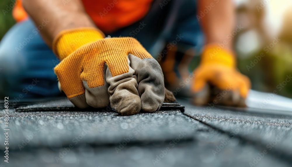 Professional Roof Installation Builder Adjusting Shingles for a Tight ...