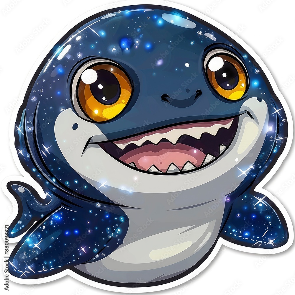 cute happy shark with yellow eyes, sticker, space background, circular ...