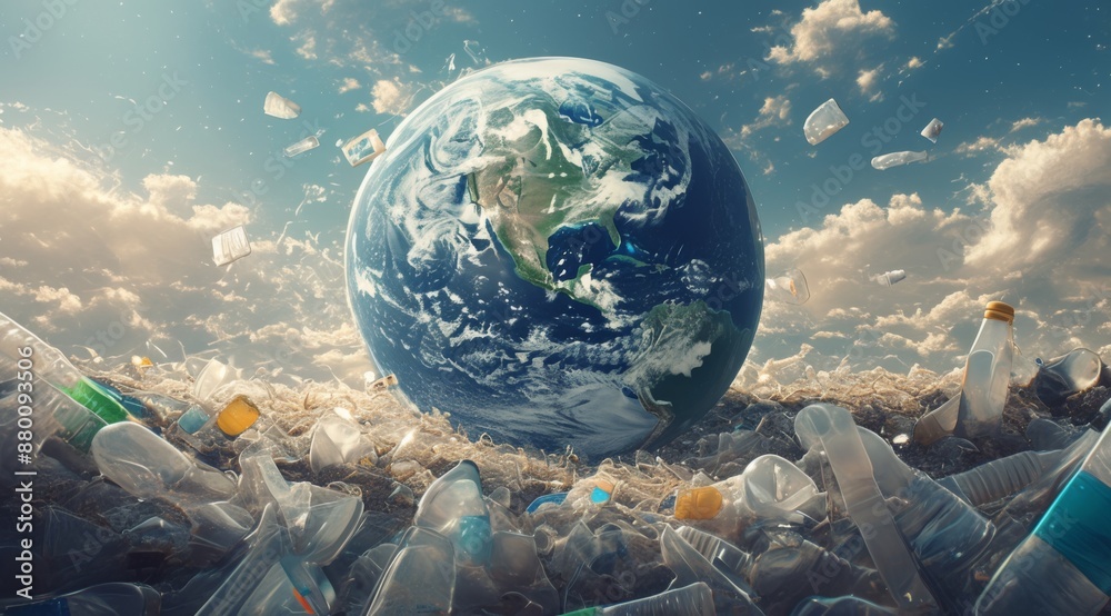 The Earth is covered in plastic waste, with the sky above filled with ...