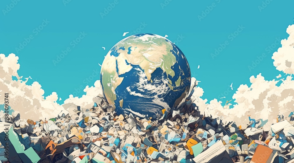The Earth is covered in plastic waste, with the sky above filled with ...