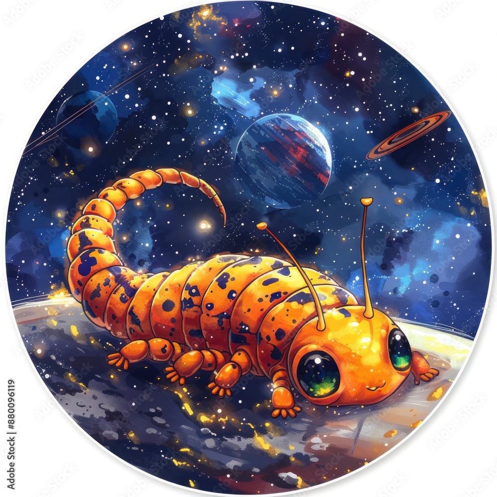 cute happy worm with green eyes, sticker, space background, circular ...