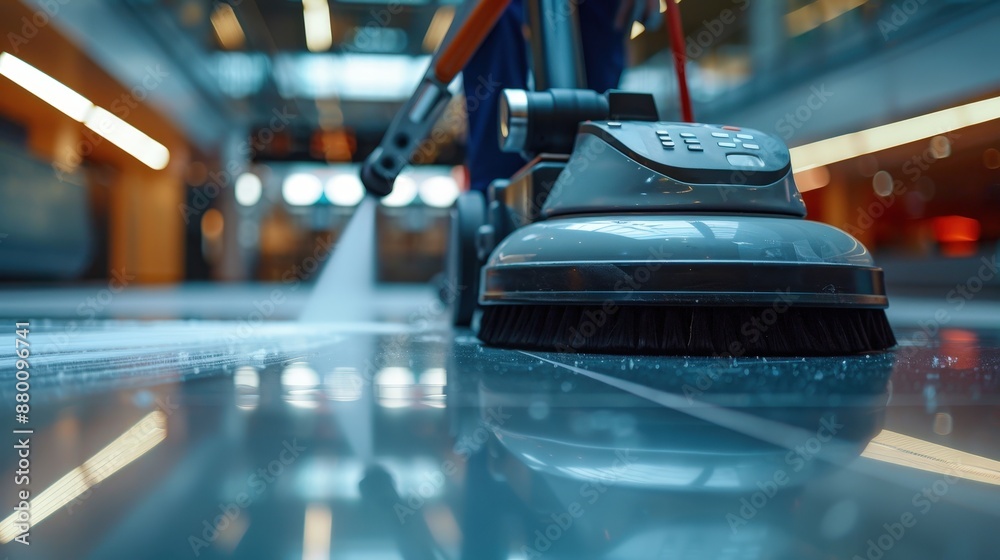 Close-up of an industrial floor cleaning machine operating in a modern ...