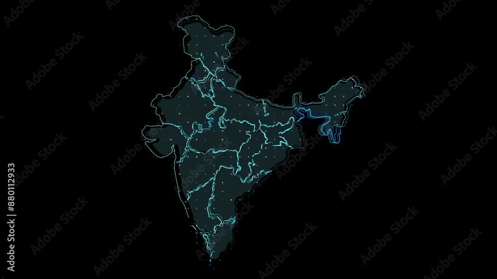 A digital map of India with glowing borders and cities. The map ...