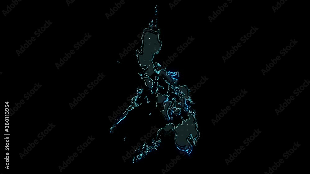 An animated map of the Philippines with a blue outline. The map is set ...