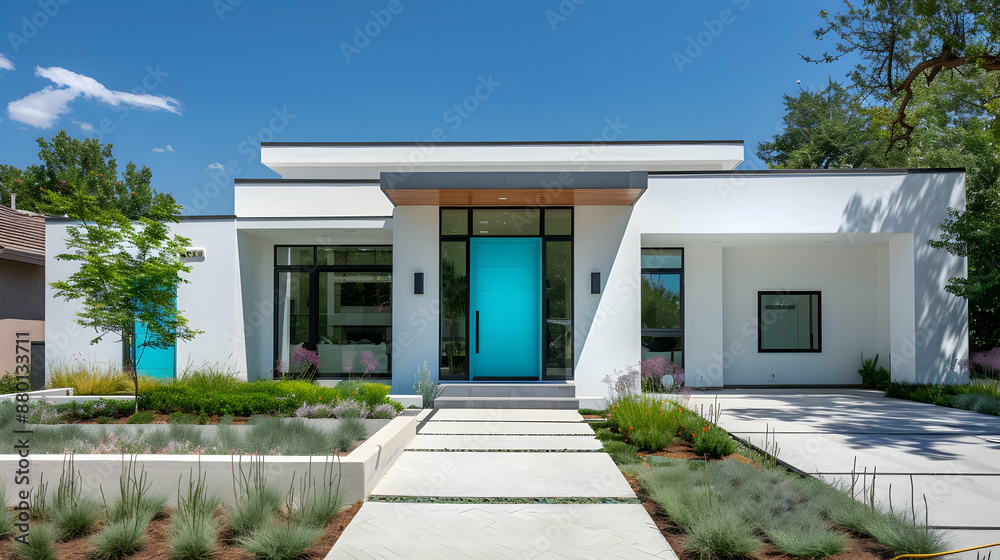 Contemporary white new construction house frontage featuring a bold ...