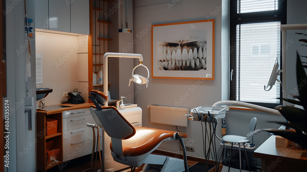 Dim dentist waiting room at night, a slightly steaming lamp, picture of ...