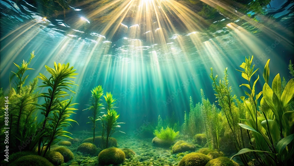 Underwater scene with sunlight filtering through water, illuminating ...