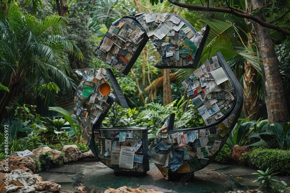 Giant recycle symbol made from crumpled newspaper and magazine ...