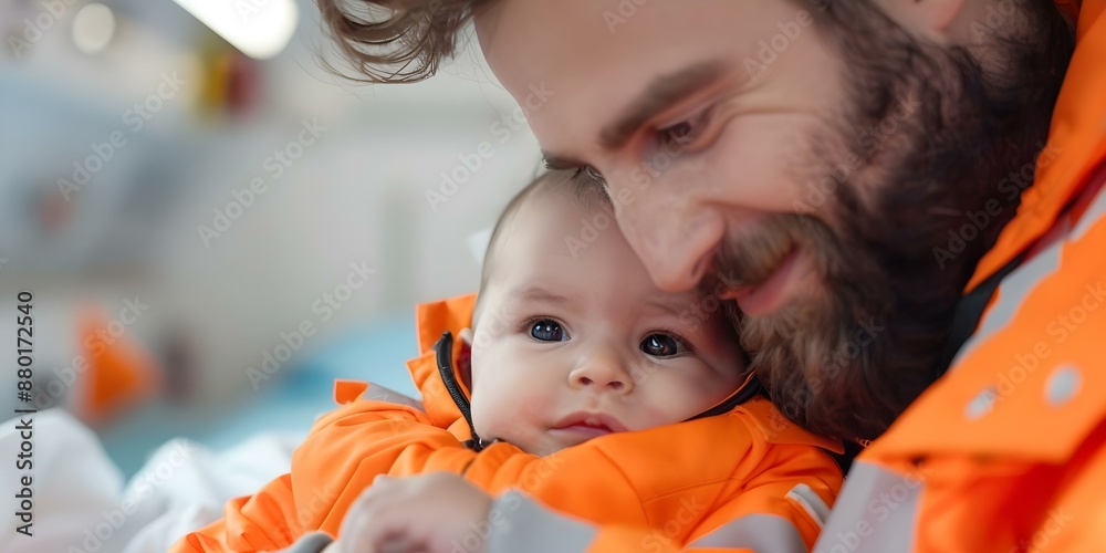 Neonatal paramedic in orange uniform caring for small baby in ambulance ...