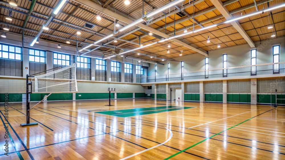Empty volleyball court in sport school gym with score board and nets ...