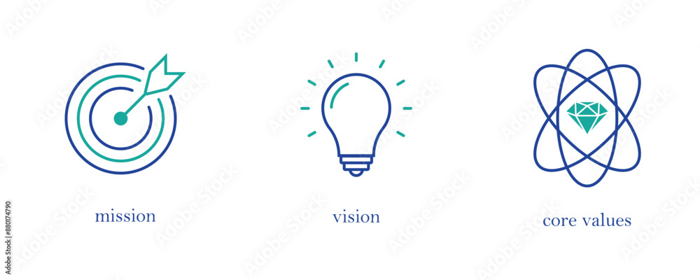 Mission, Vision and Values of company with text. Web page template ...