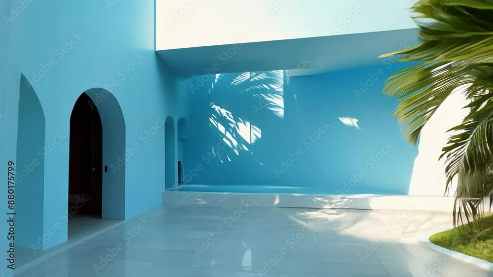 Serene blue architectural space with arched doorways and palm plants ...