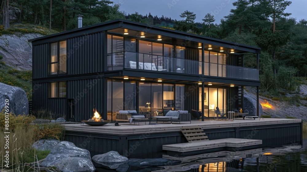 modern luxury big container house exterior in nature landscape ...