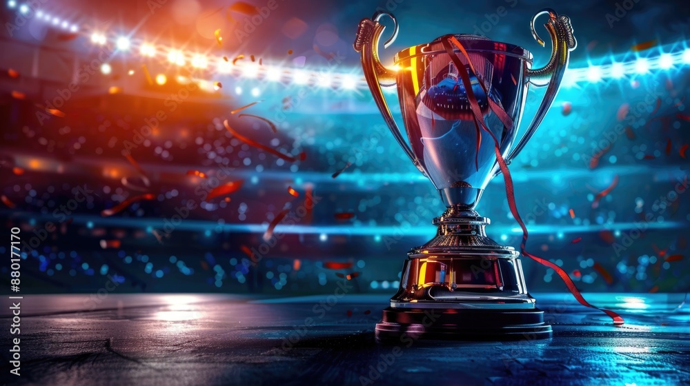 World championship winner cup trophy at sports stadium empty background ...