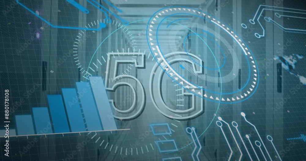 Image of scope scanning with 5g text and data processing over server room Stock Illustration ...