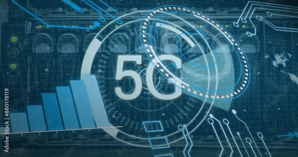 Image of scope scanning with 5g text and data processing over server room Stock Photo | Adobe Stock