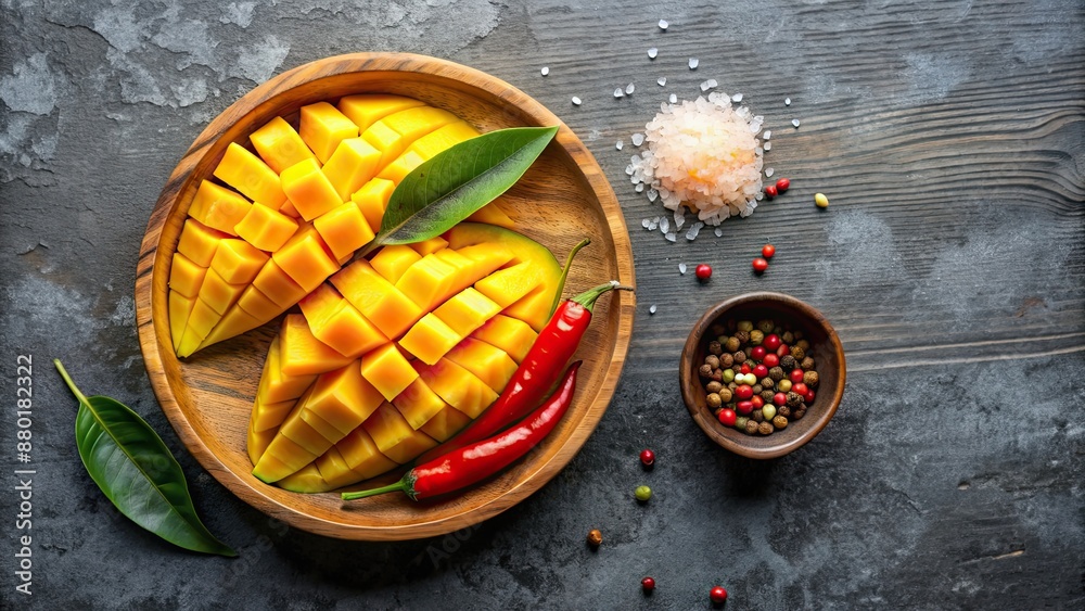 Sliced raw mango with chili and salt from top view, raw mango, sliced ...