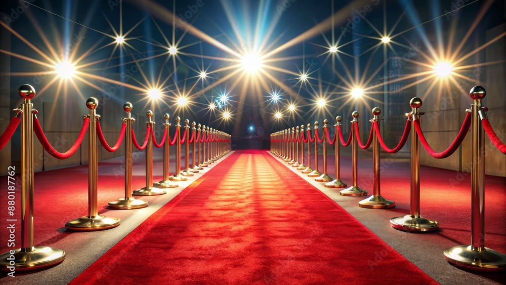 Glamorous red carpet lined with barriers and velvet rope awaits ...