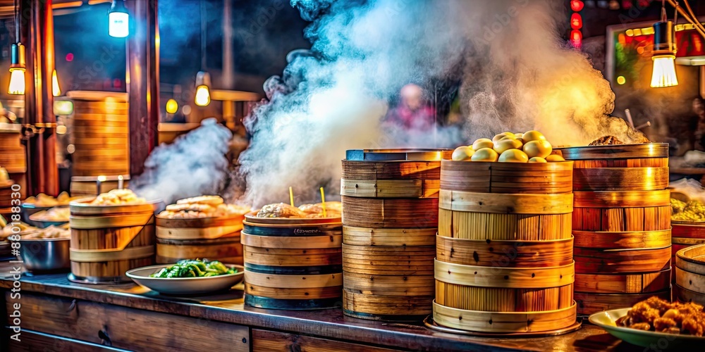 Vibrant Asian street food stall with steaming dim sum baskets at night ...