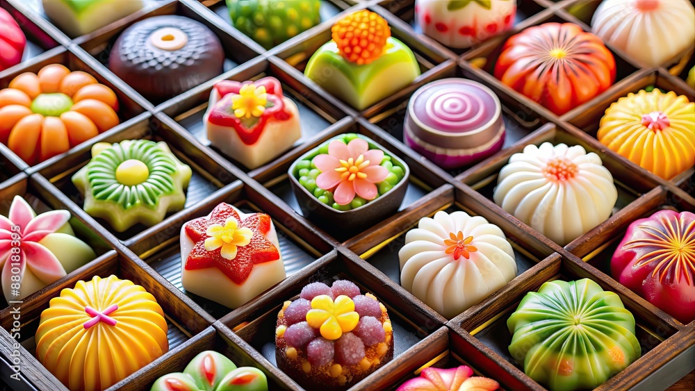 Traditional Japanese sweets wagashi display with colorful designs ...