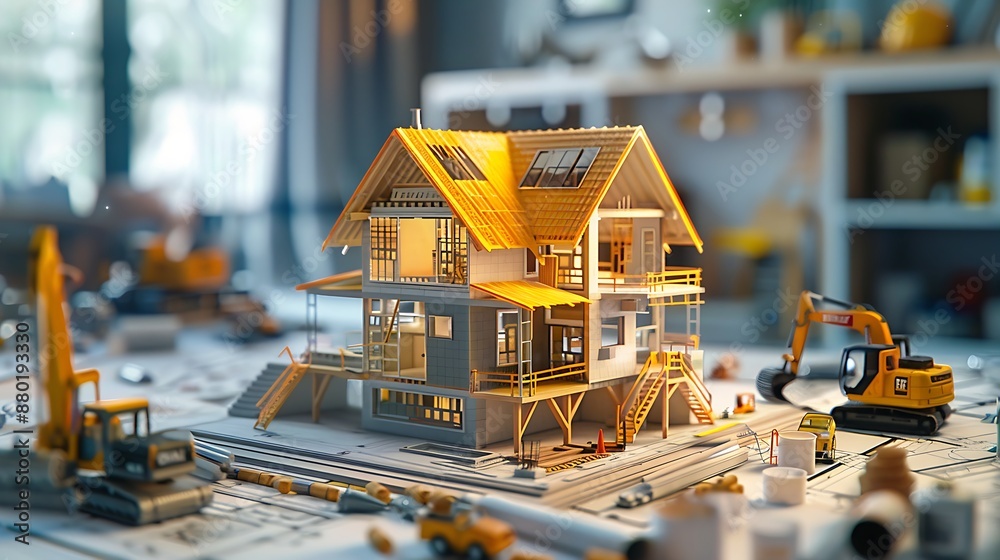 Construction site miniature model with yellow excavator and blueprints ...