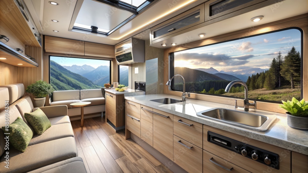 Modern camper van interior with large window and sleek sink, showcasing ...