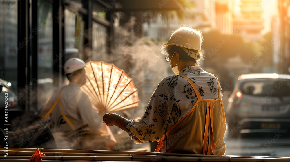 Heat wave, construction workers in hot weather,hot weather shines a ...