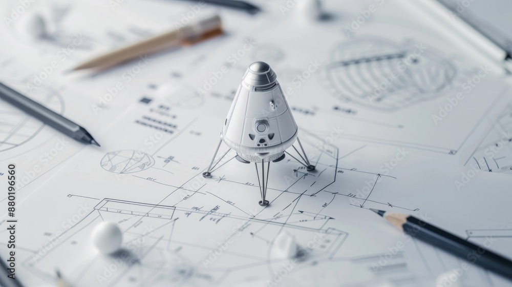 Detailed drafting process of a spacecraft lander, showcasing intricate ...
