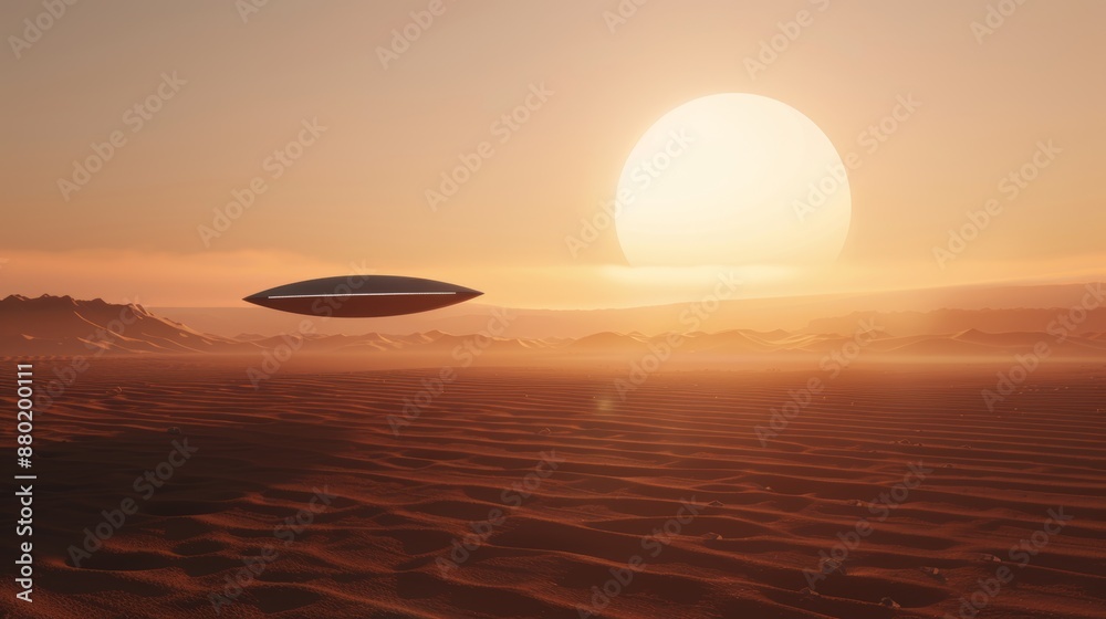 Starship landing on an alien planet, iron layers reflecting the light ...