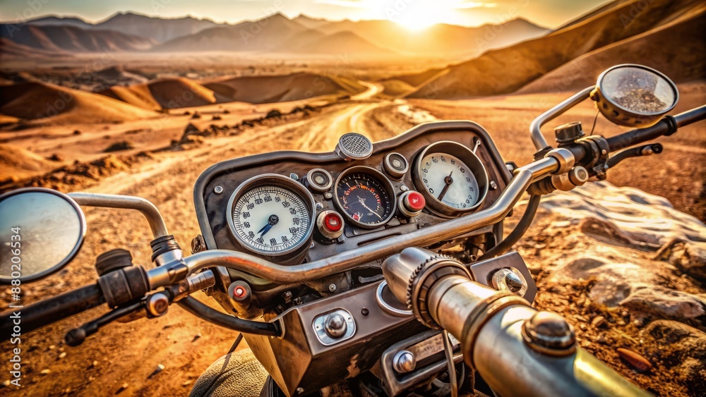 Rugged dashboards of off-road motorcycles with assorted buttons, gauges ...