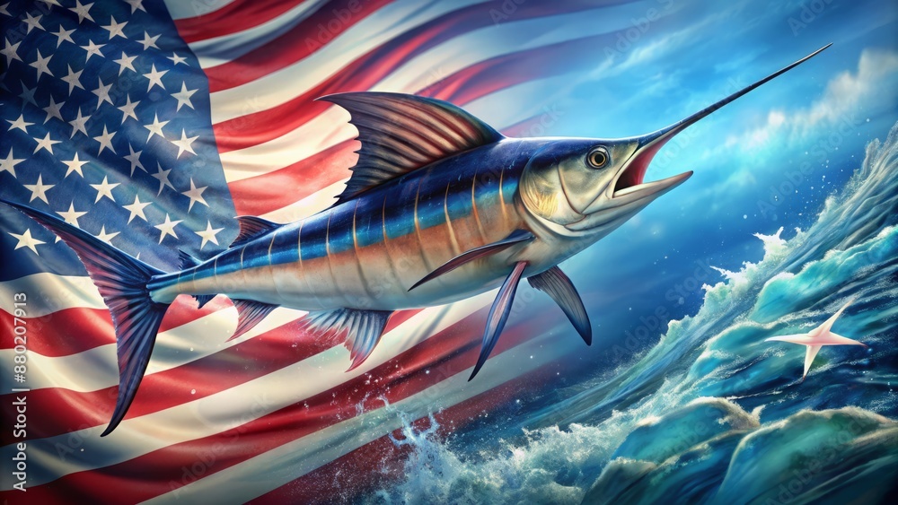 Patriotic marlin fish swimming upward with rippling water effect ...