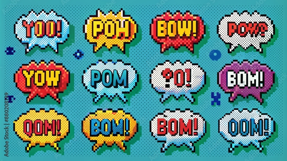 Colorful pixel art speech bubbles with assorted texts Pow, Wow, Yes, No ...