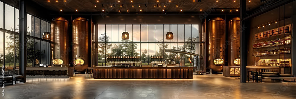 Interior inside a modern beer bar at craft brewery with metal tanks for ...