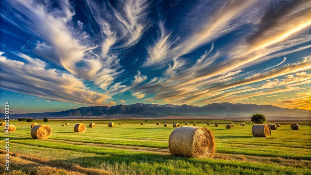 Serene rural landscape featuring freshly cut and rolled alfalfa bales ...