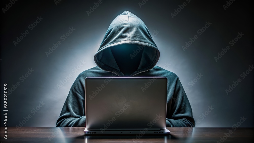 Dark ominous hooded cloak with glowing laptop screen and wires ...