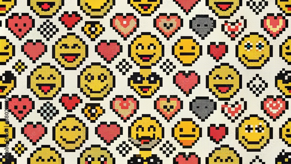Retro 8-bit seamless pattern featuring various emotive pixel art faces ...