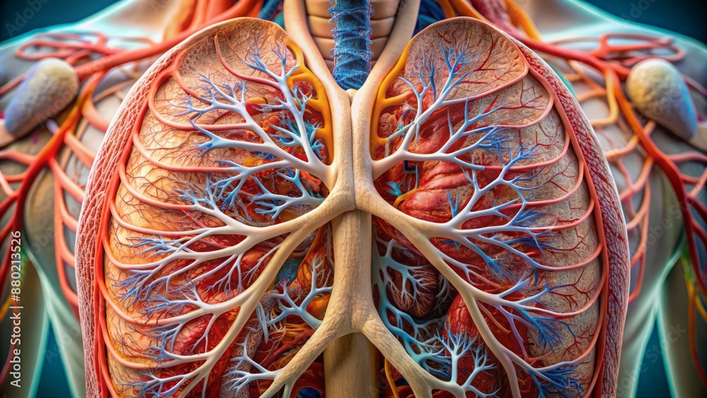 Macro view of intricately illustrated lungs anatomy model showcasing ...