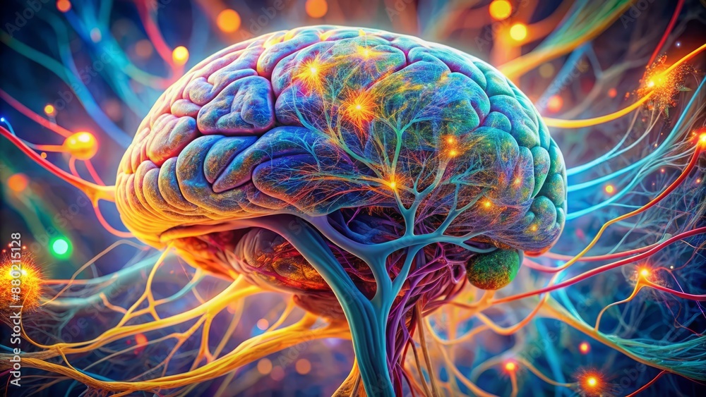 Vibrant 3D illustration of human brain's intricate neural network ...