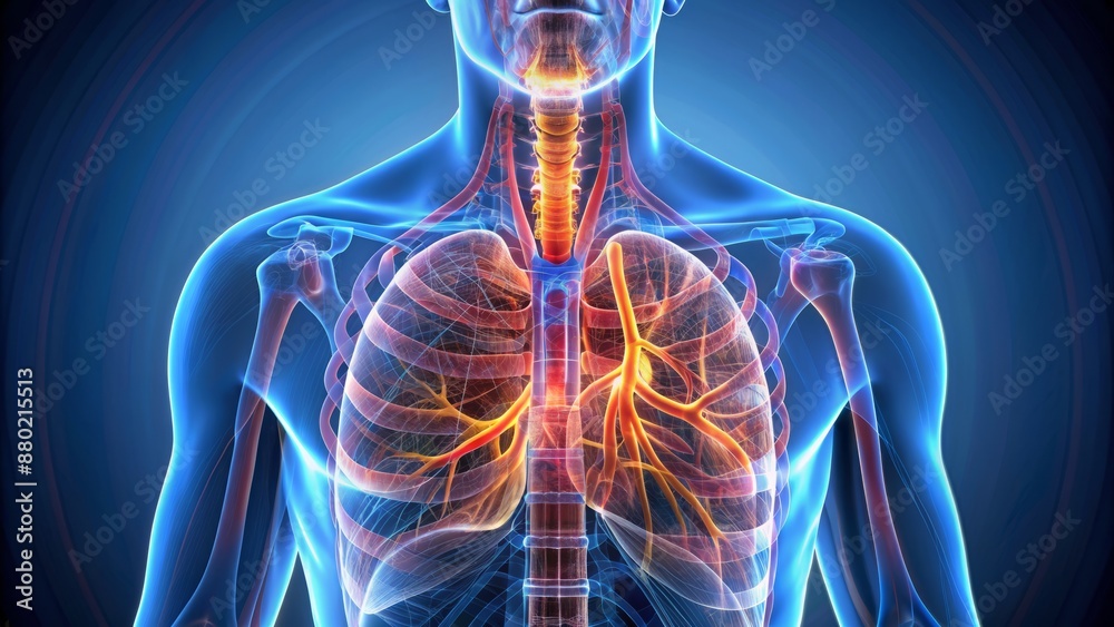 3D animated illustration of human lungs anatomy showing airflow and gas ...