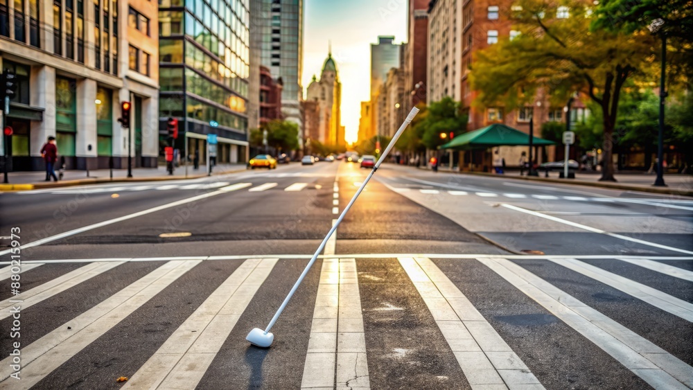 Empty city street crosswalk with a lone white cane lying horizontally ...