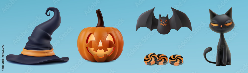 Halloween pumpkin, witch hat, cute black cat, sweet candy, flying bat ...